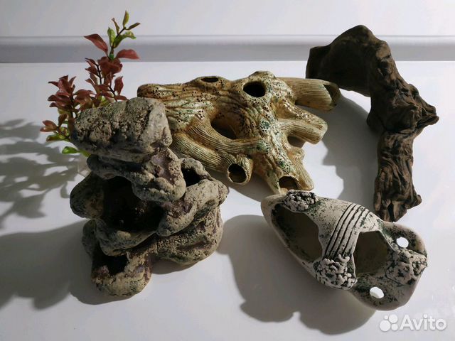 Декор в аквариум - водоросль, грот, коряга, кувшин